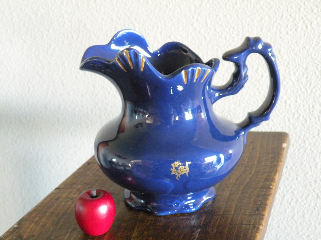 Vintage Cobalt Blue Pitcher, Decorative Small Blue and Gold Pitcher - Etsy