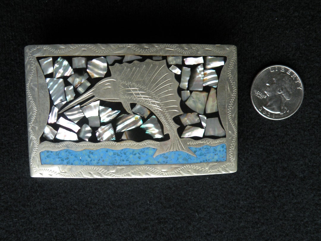 Vintage Inlaid Abalone Belt Buckle, Etched Marlin Swordfish Buckle ...