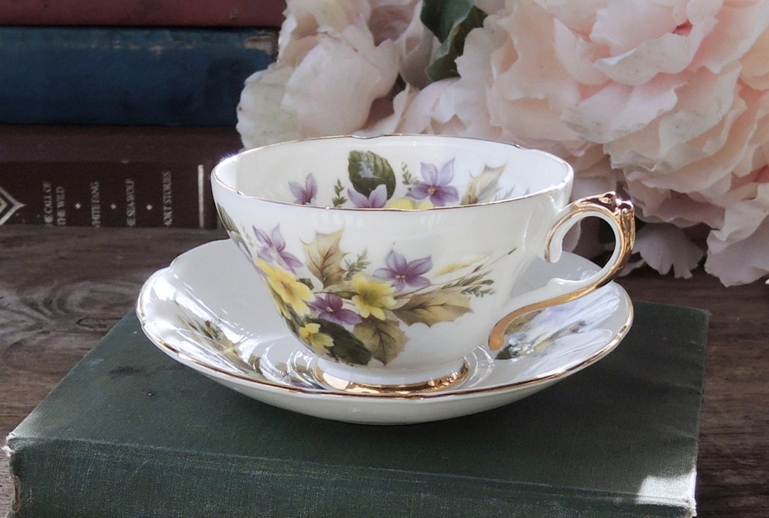 Royal Sutherland China Purple and Yellow Flowers Teacup and Saucer Set ...