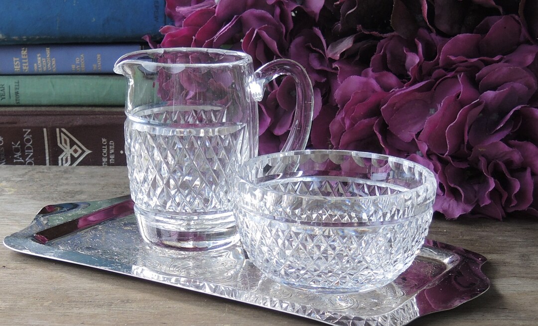 Waterford Crystal Creamer & Open Sugar Set, Diamond Pattern Crimped Rim ...