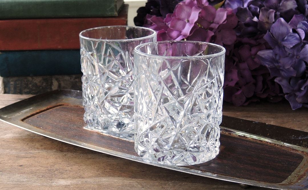 Bevel Cut Vintage Whiskey Glasses Set of 2 Old Fashioned Rocks Glasses ...