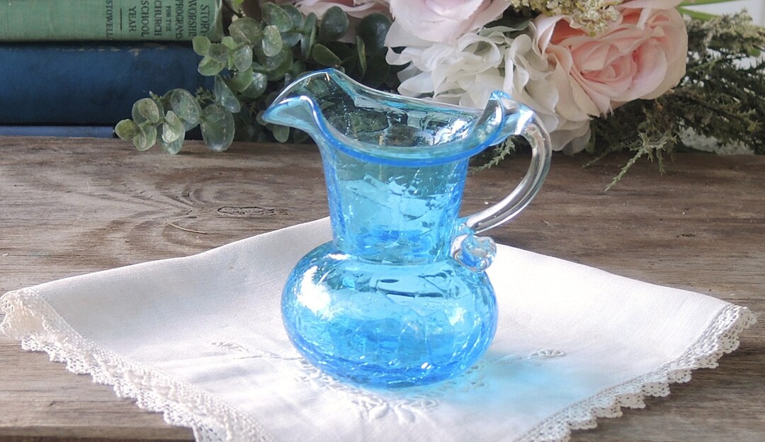 Modern Aqua Blue Blenko Glass Crackled Glass Handled Small Pitcher ...