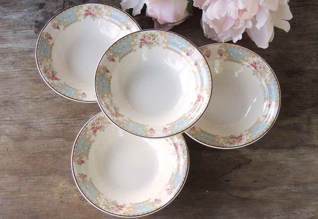 Crown Potteries Blue and Floral Border Dessert Bowls Set of 4 Small ...