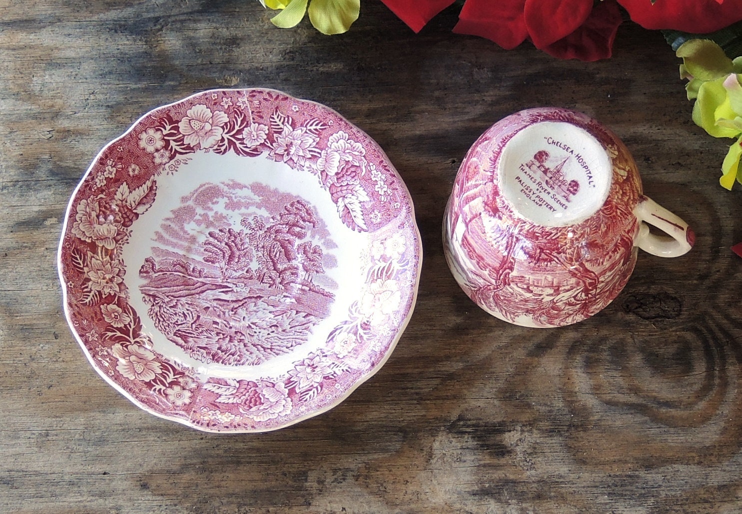 Palissy Red Transferware Tea Cup Set Mismatched Tea Cup & Saucer Set ...