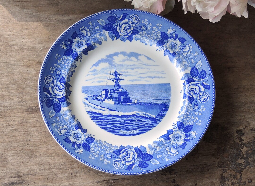 USS Mason Dinner Plate Blue White Souvenir Plate Jonroth England Blue ...