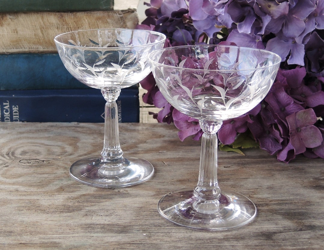 Fostoria Sprite Champagne Glasses Set of 2 Crystal Coupe Fine Cut Low ...