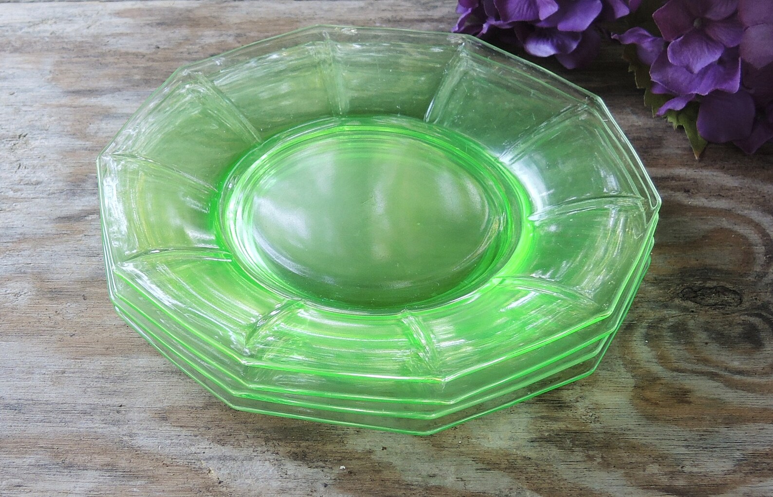 4 Green Depression Glass Lunch Plates Cambridge Glass Decagon Plates ...