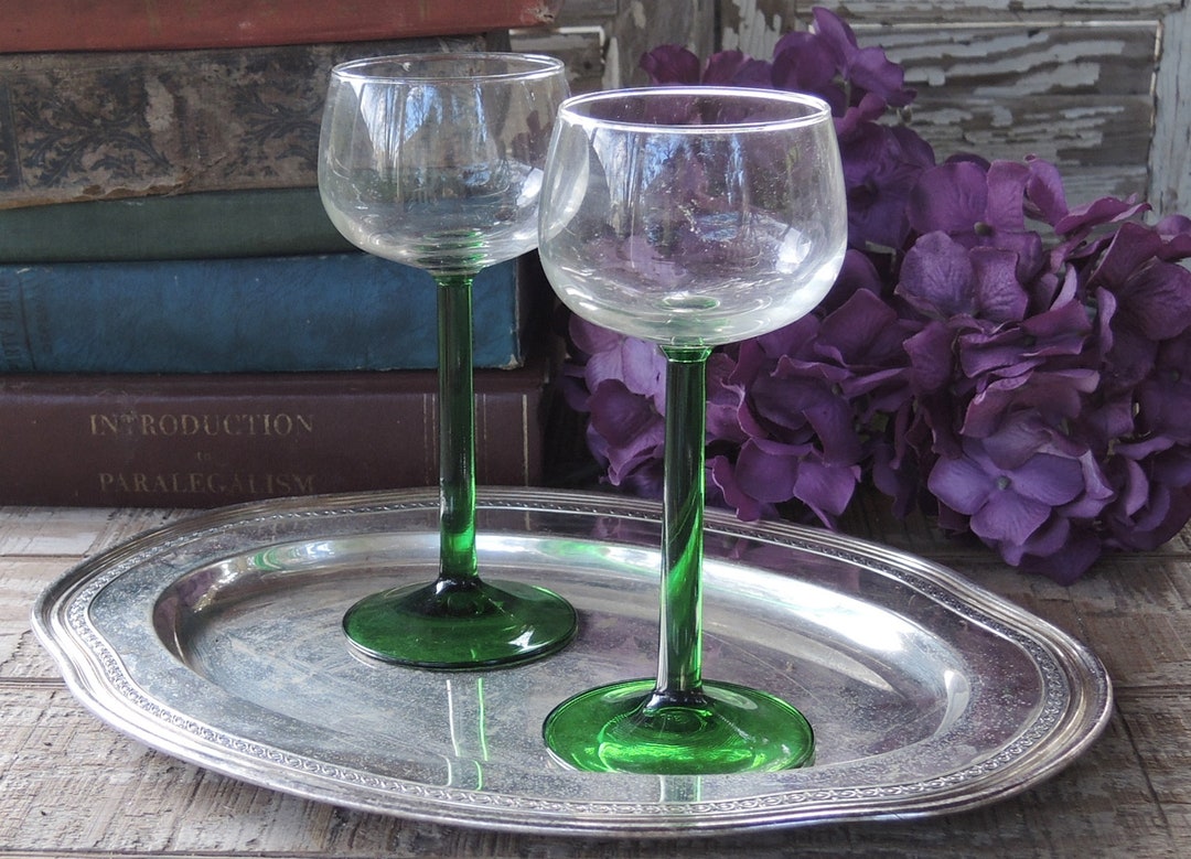 Hock Wine Glasses Set of 2 Green Stem Clear Glass JG Durand Luminarc ...