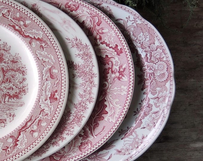 Mismatched Pink White Transferware Dinner Plates Set of 4 Red and White ...