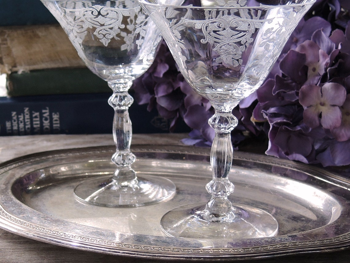 Vintage Etched Floral and Scrolls Crystal Champagne Glasses Set of 2 ...