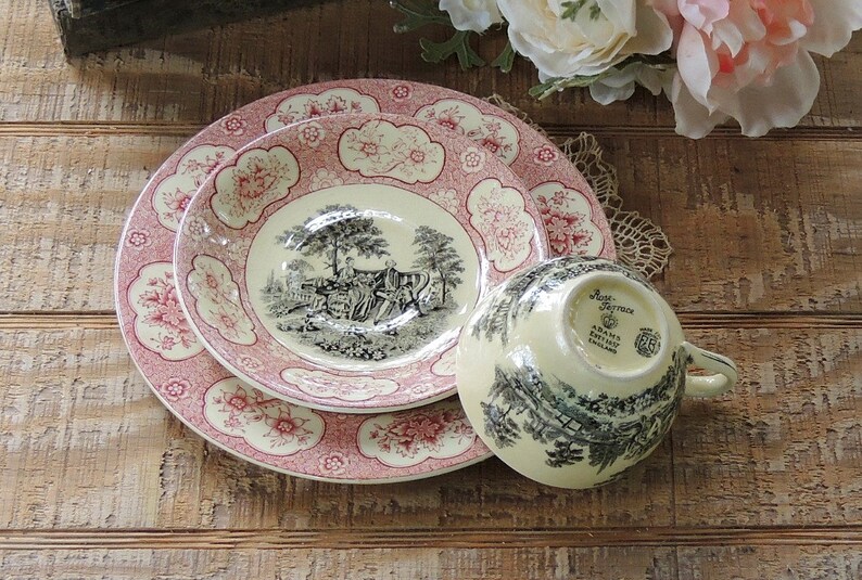 Vintage Adams Rose Terrace Tea Cup Trio Red Black Toile Tea | Etsy