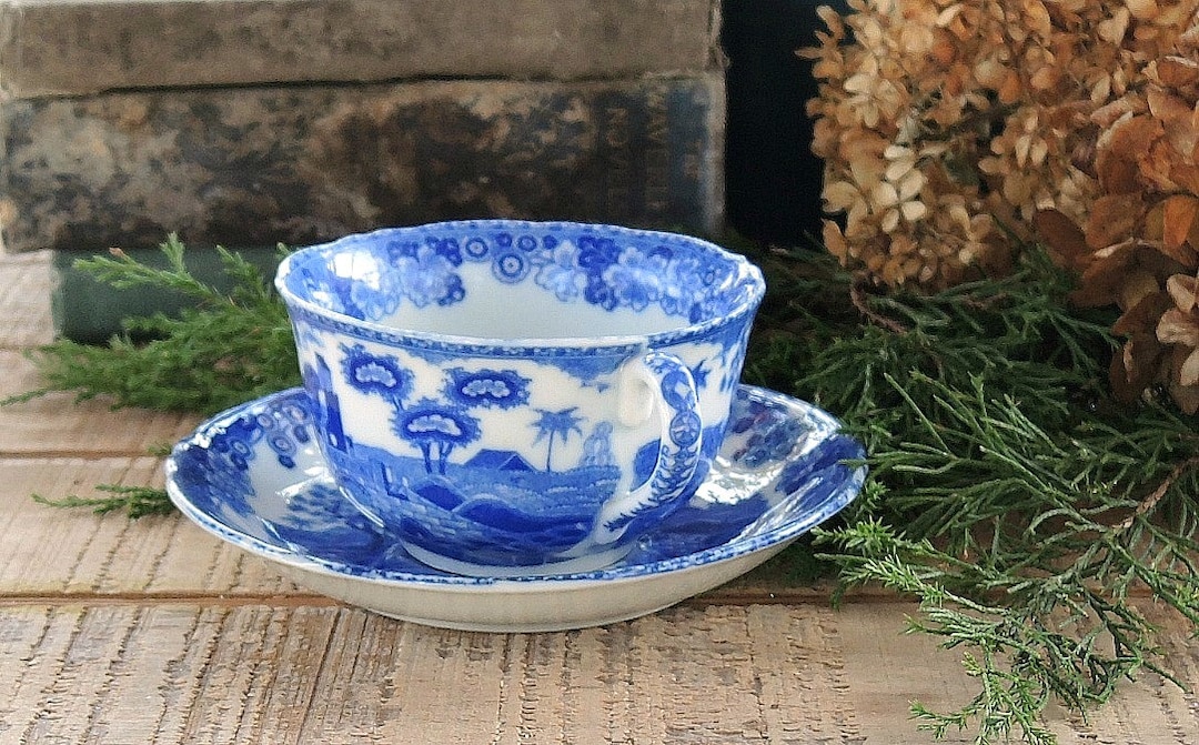 Antique Blue Castle China Tea Cup and Saucer Set, Flow Blue Tea Cup Set ...