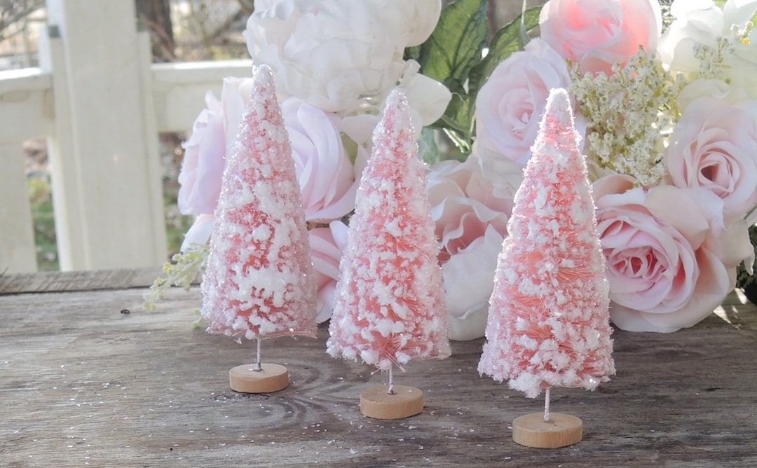 3 Pink Bottlebrush Trees Vintage Style Glittering Trees Putz Village ...