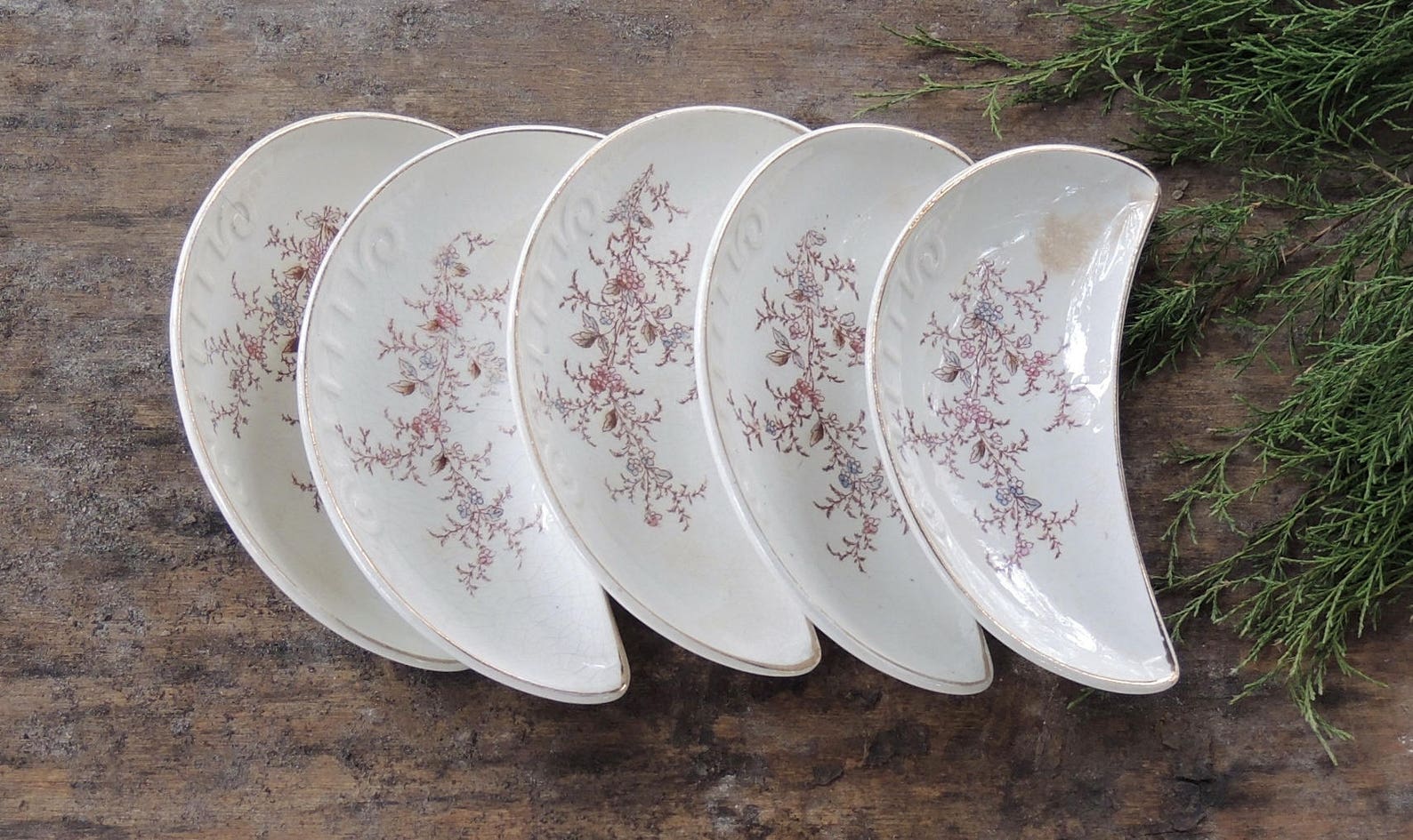 ON SALE Antique Brown Pink Transferware Bone Dish Crescent | Etsy
