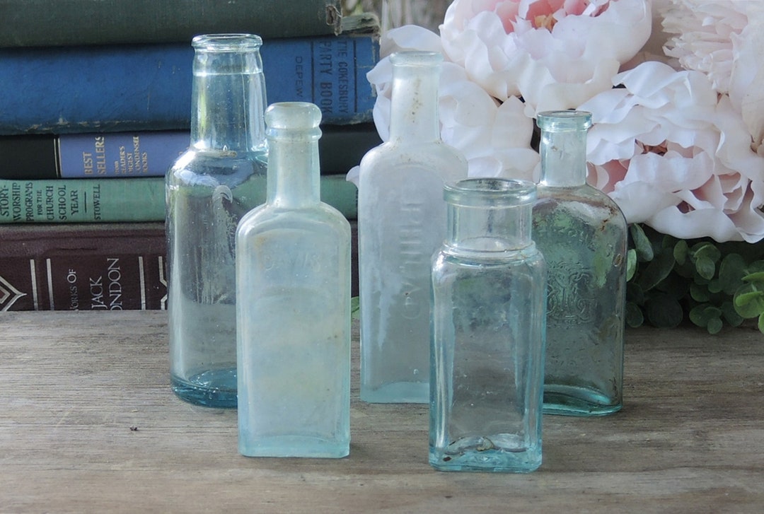Handblown Sea Glass Blue Bottles Set of 5 Beach Cottage Aqua Hand Dug ...