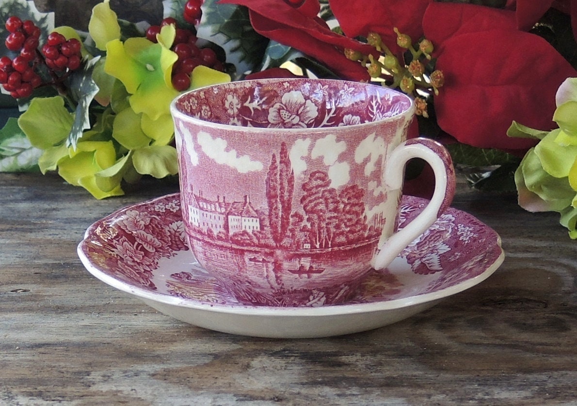 Palissy Red Transferware Tea Cup Set Mismatched Tea Cup & Saucer Set ...