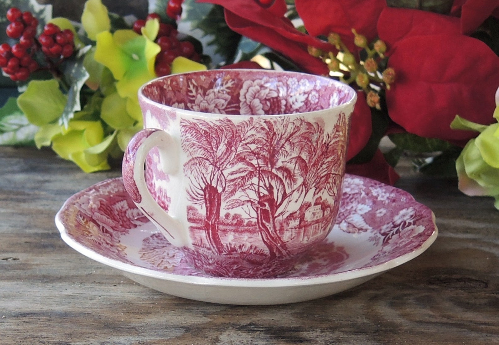 Palissy Red Transferware Tea Cup Set Mismatched Tea Cup & Saucer Set ...