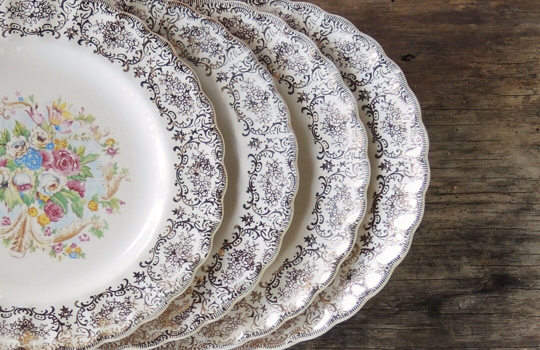 Cottage Style Gold Filigree and Floral Salad Plates Set of 4 Vintage ...