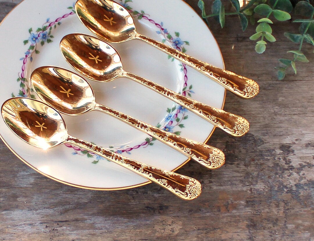 Set of 4 Floral Gold-plated Spoons, Forks or Butter Knives Flatware ...