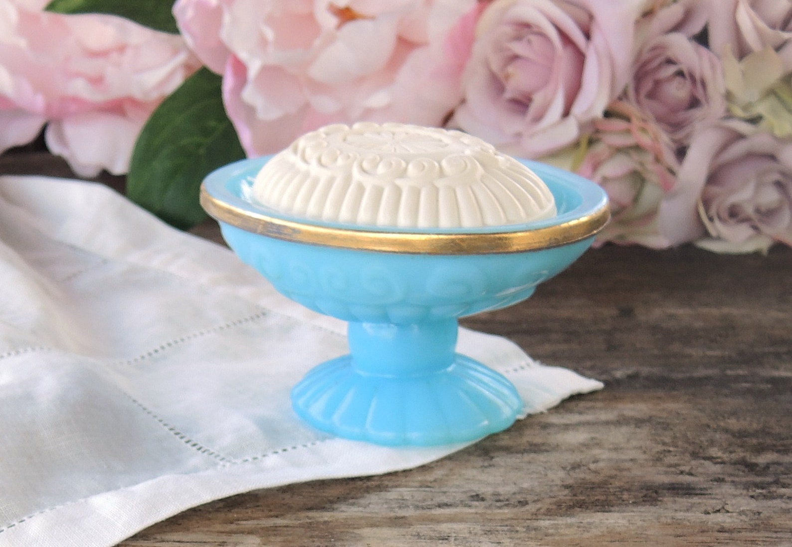 Avon Blue Opalescent Glass Footed Soap Dish Vintage Pedestaled | Etsy