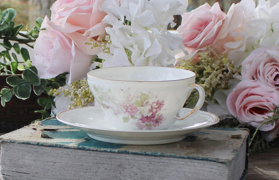 Antique Victoria Carlsbad Pink Floral Flat Teacup and Saucer Set Made ...