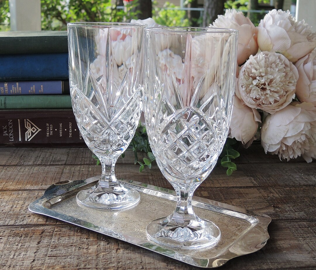 Fan and Diamond Glass Iced Tea Goblets Set of 2 Stemmed Water Glasses ...