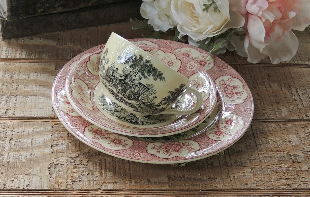 Vintage Adams Rose Terrace Tea Cup Trio, Red Black Toile Tea Set, Tea ...