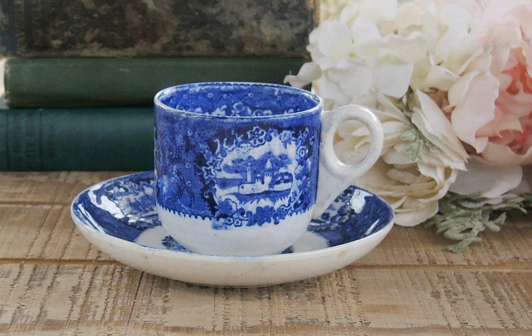 Antique German Flow Blue Tea Cup Saucer Set, Franz Anton Mehlem Malta ...