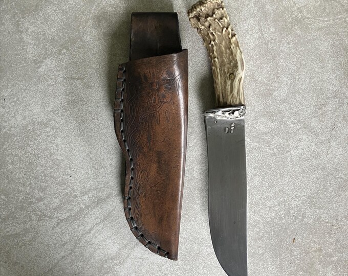 Custom High Carbon Steel Blade Knife With Crown Stag Handle, Leather ...