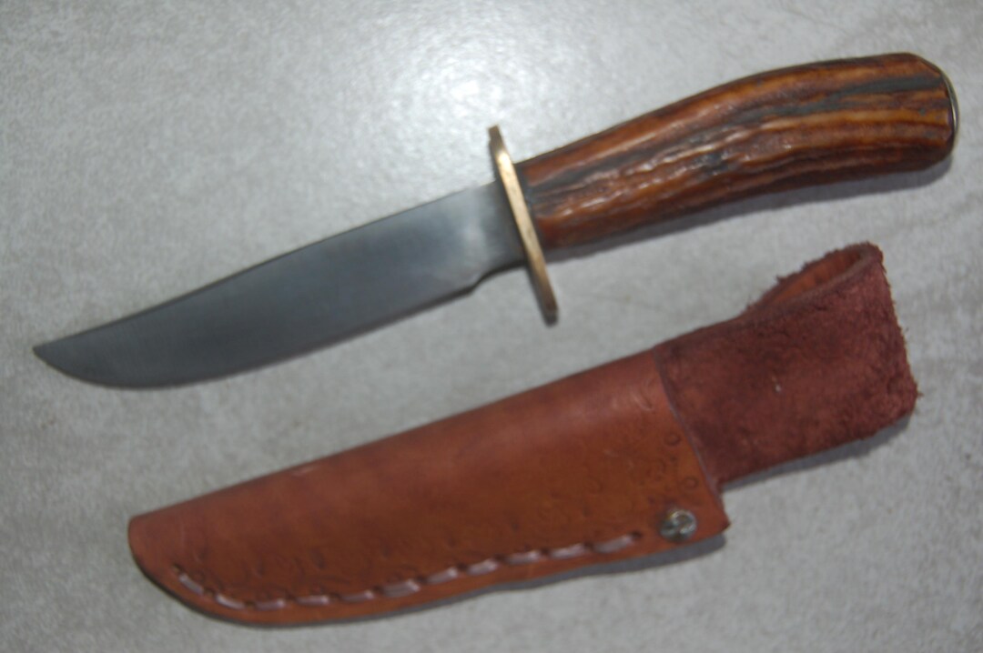 Custom Solingen Steel Blade Knife With Antler Handle, Hand-sewn Leather ...