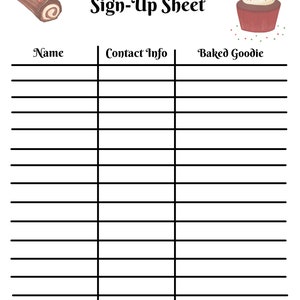 Holiday Bake Sale Sign up Sheet Printable Instant Digital Download ...