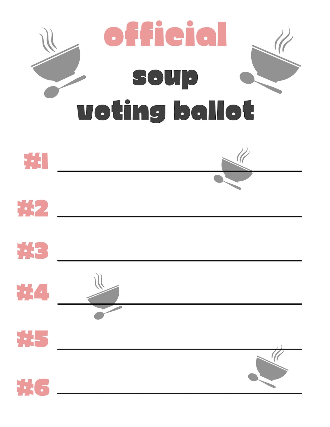 Soup Cook-off Voting Ballot Printable Instant Digital Download, Soup ...