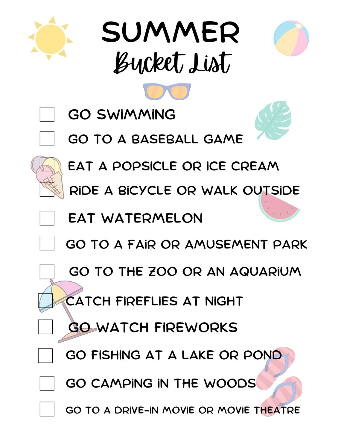 Summer Bucket List Printable Instant Digital Download, Summer ...