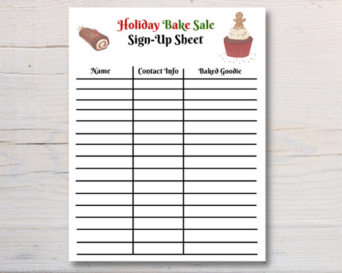 Holiday Bake Sale Sign up Sheet Printable Instant Digital Download ...