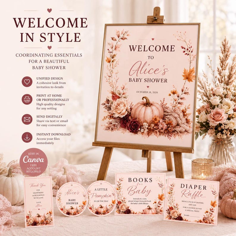 Pumpkin Baby Shower Bundle, Little Pumpkin Invitation Template, Pink ...