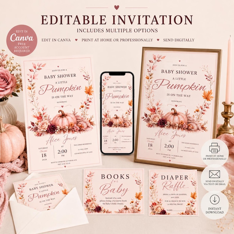 Pumpkin Baby Shower Bundle, Little Pumpkin Invitation Template, Pink ...