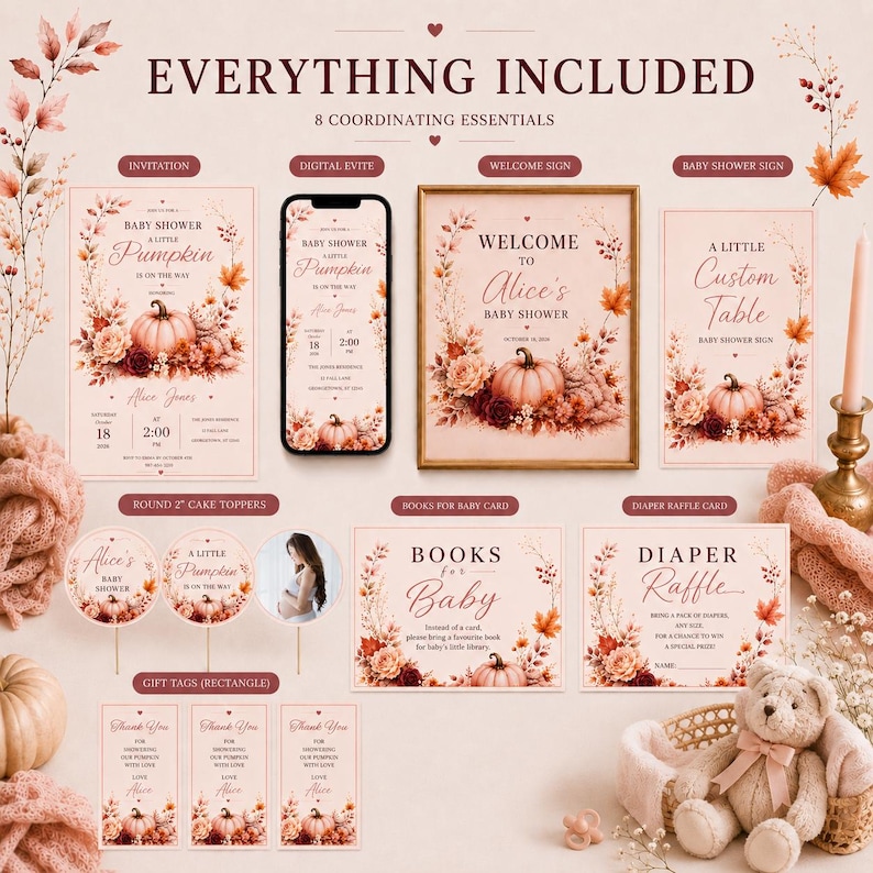 Pumpkin Baby Shower Bundle, Little Pumpkin Invitation Template, Pink ...