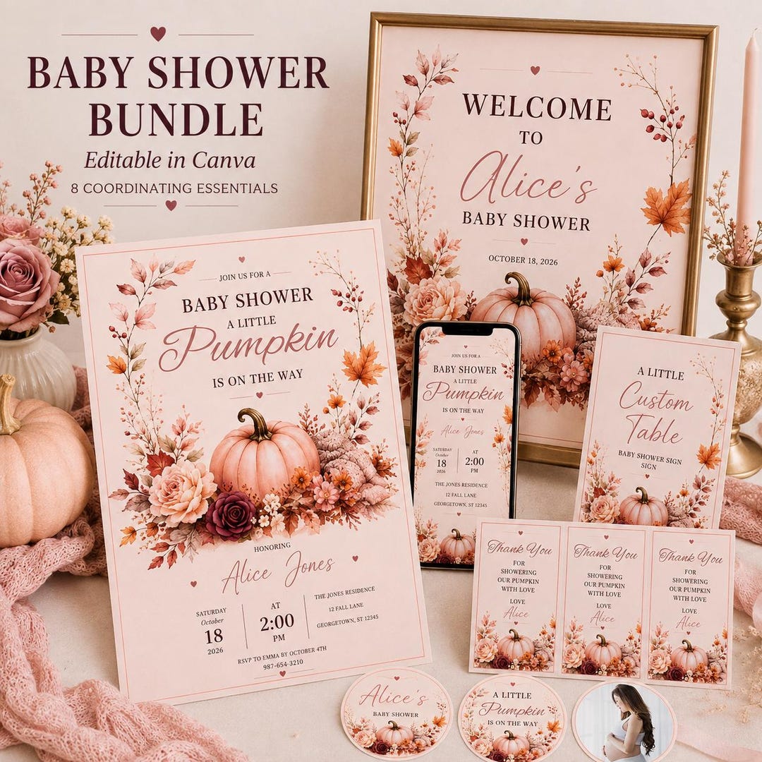 Pumpkin Baby Shower Bundle, Little Pumpkin Invitation Template, Pink ...