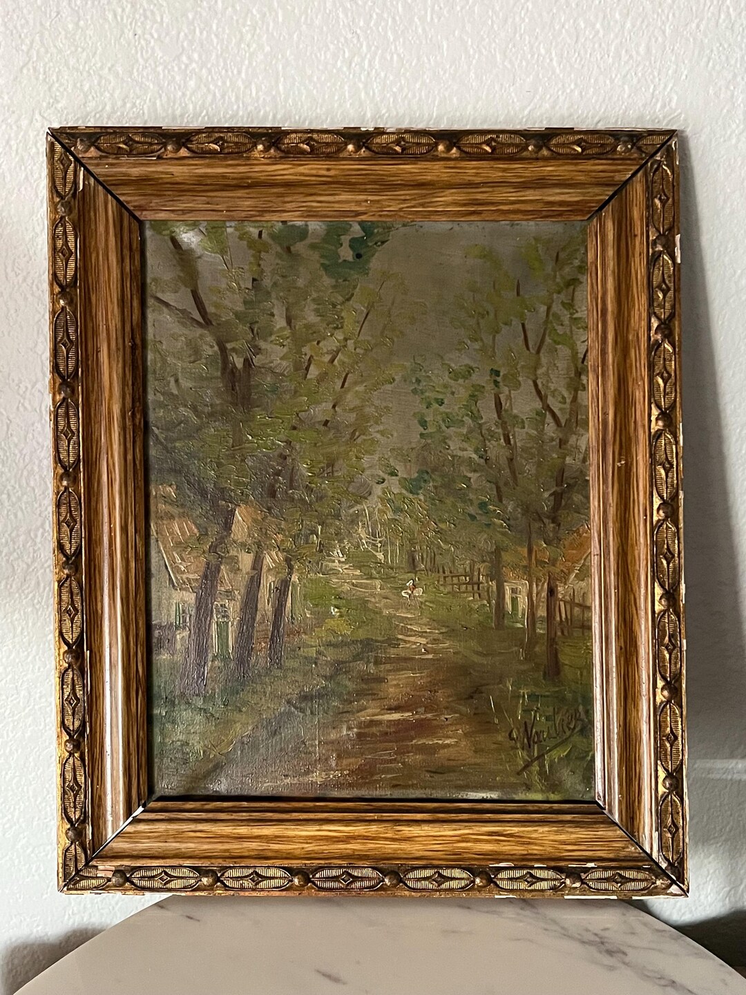 Antique Landscape Oil Painting, European Cottage Homestead Scene ...
