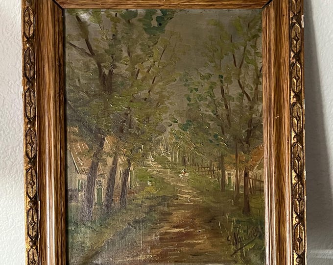Antique Landscape Oil Painting, European Cottage Homestead Scene ...