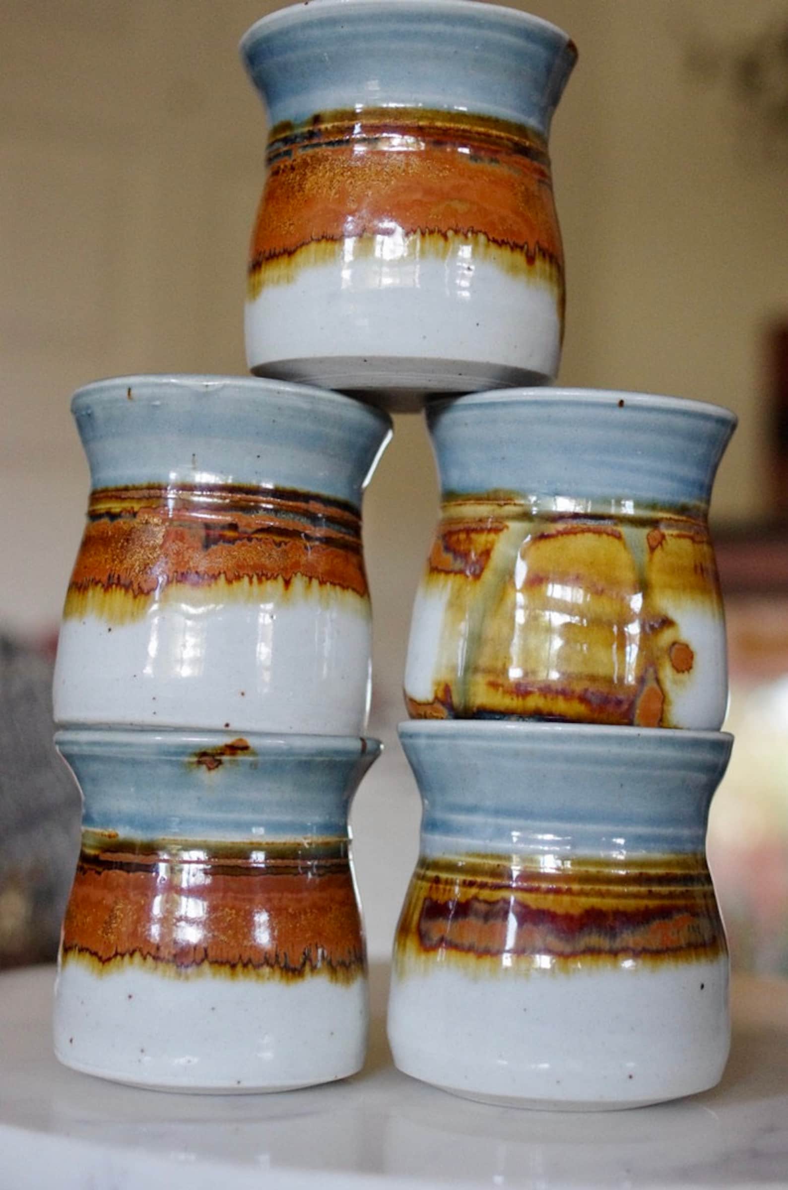 Set of 5 Small Studio Pottery Mugs Copper Blue and White | Etsy