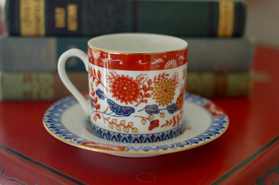 Vintage Asian Teacup Red, White, and Blue, Asian Stamp on Bottom, Tea ...