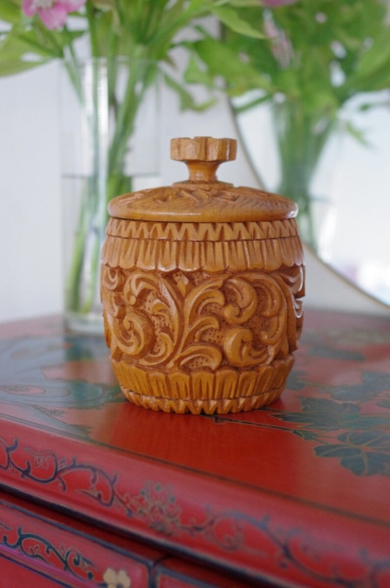 Vintage Hand Carved Ornate Walnut Container With Coasters, Lidded ...