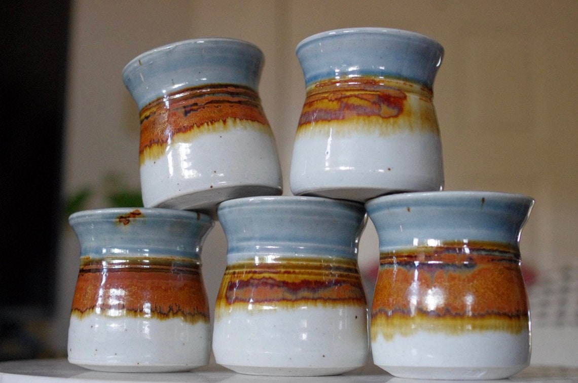 Set of 5 Small Studio Pottery Mugs Copper Blue and White | Etsy