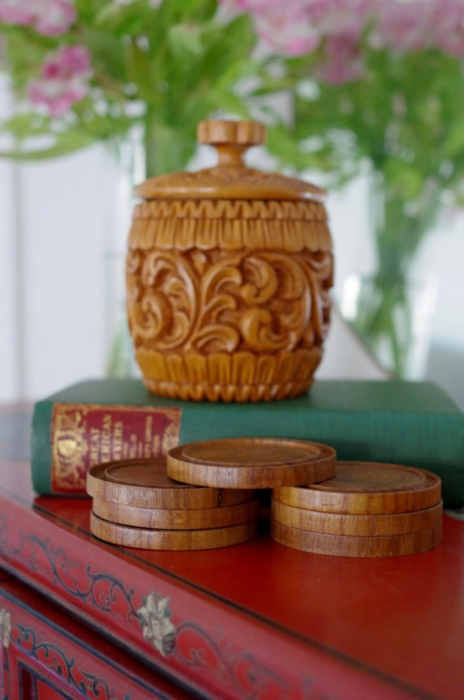 Vintage Hand Carved Ornate Walnut Container with Coasters | Etsy