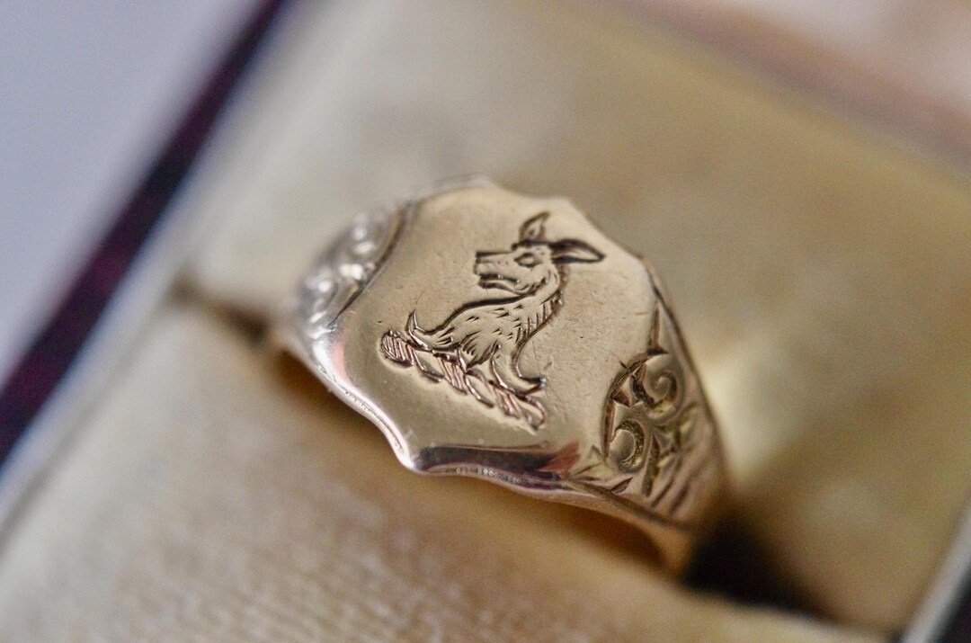 Antique 1909 9k Gold Armorial Shield Signet Seal Ring, Edwardian ...