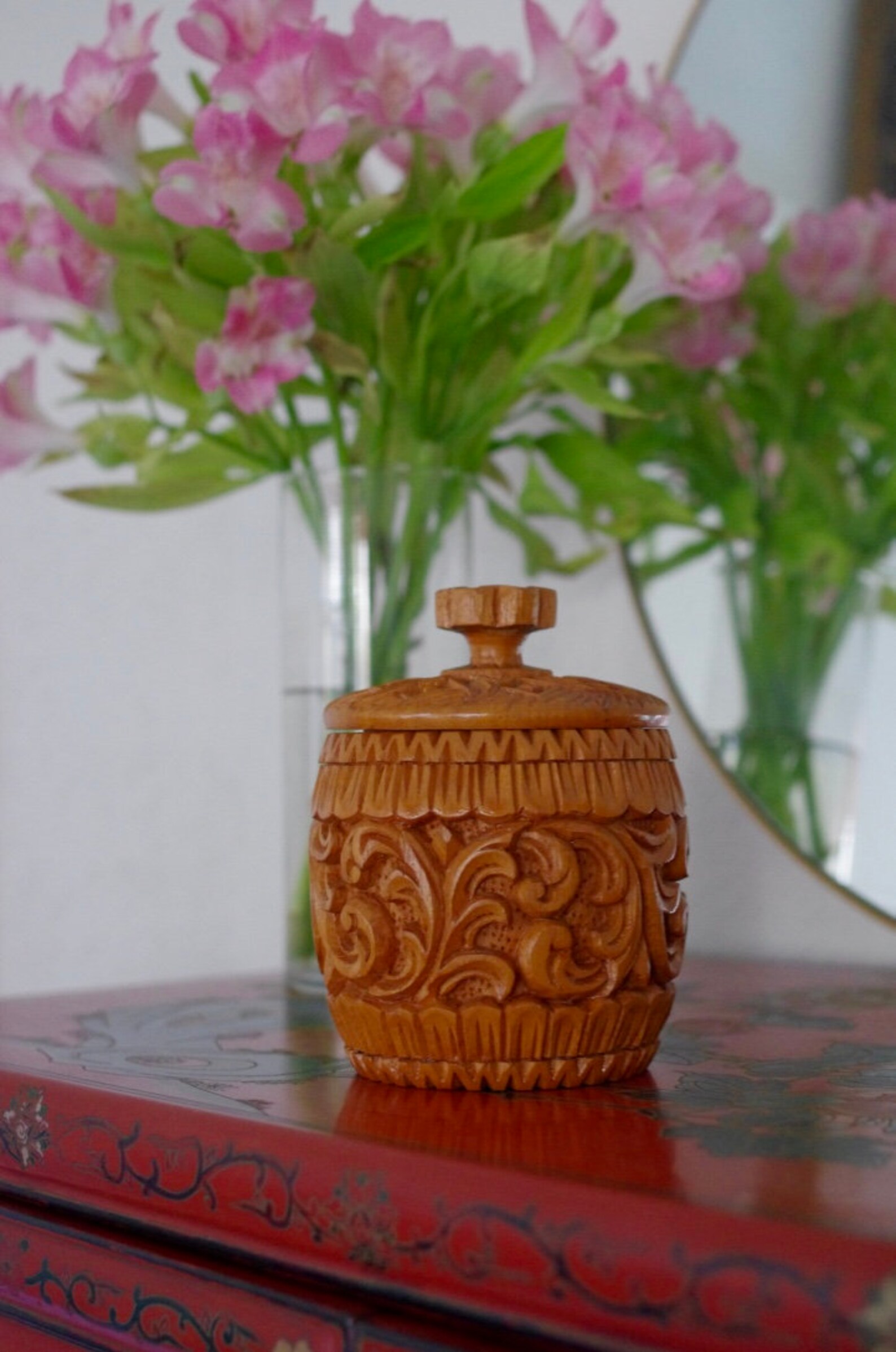 Vintage Hand Carved Ornate Walnut Container With Coasters, Lidded ...