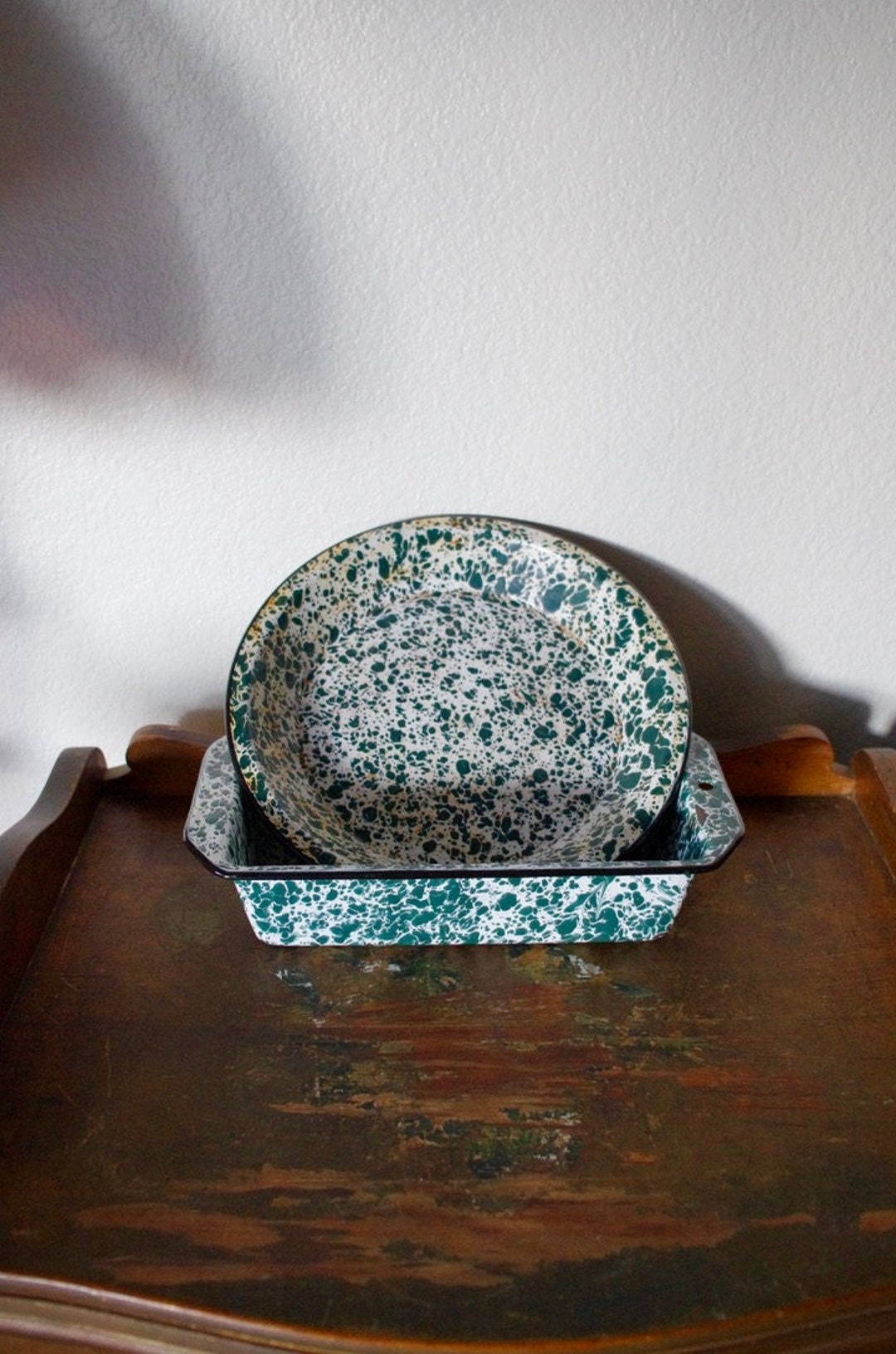 Vintage Green and White Speckled Enamelware, Green Granite Splatter ...