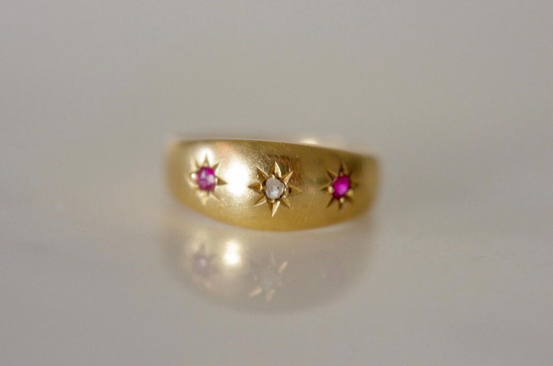 Antique Edwardian 18k Gold Gypsy Ring, English Triple Stone Ruby ...