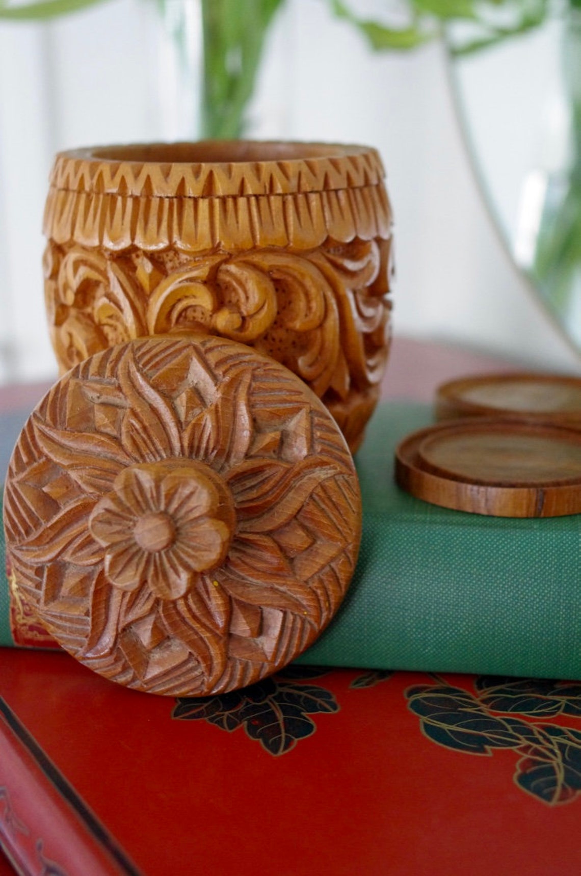 Vintage Hand Carved Ornate Walnut Container With Coasters - Etsy